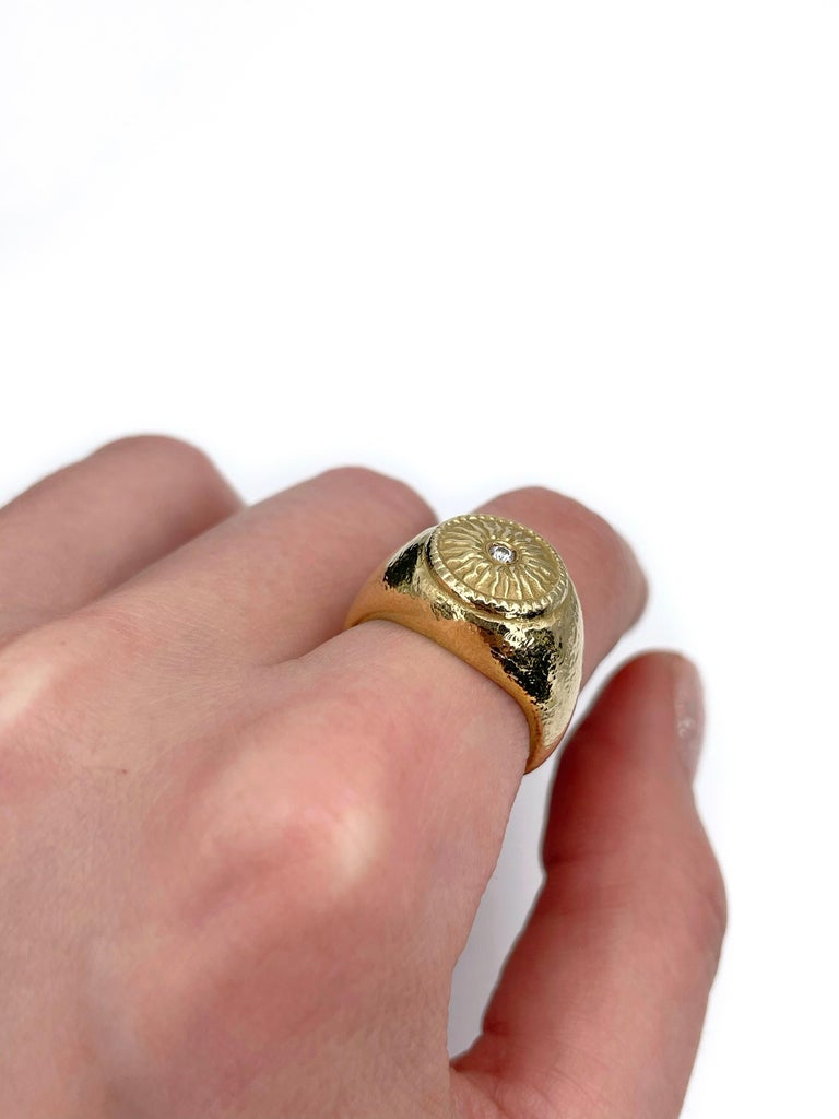 Vintage 18 Karat Yellow Patterned Gold Diamond Sun Motif Signet Ring ...