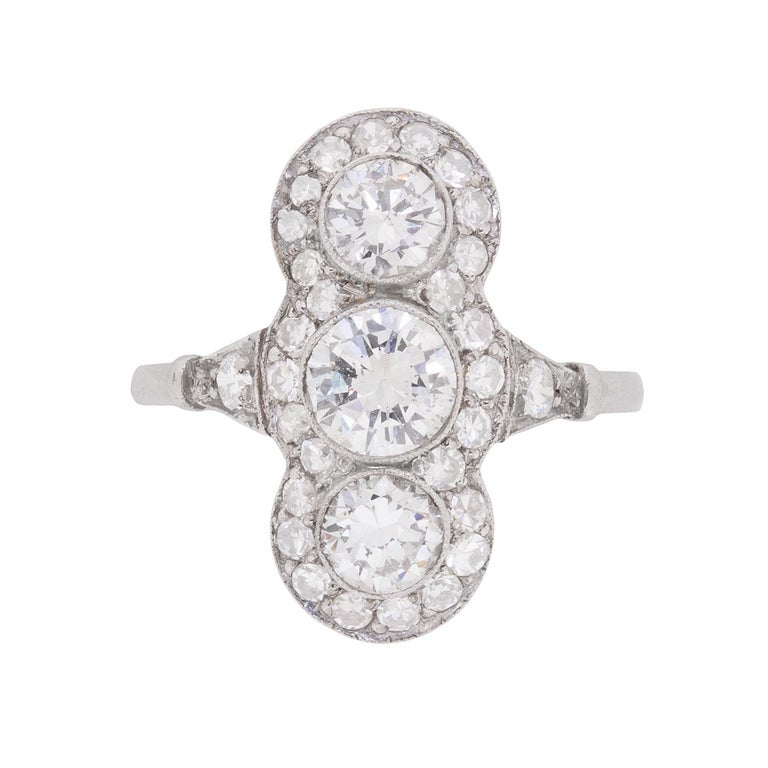 Vintage 1.80 Carat Vertically-Set Three Stone Diamond Ring, circa 1950s ...