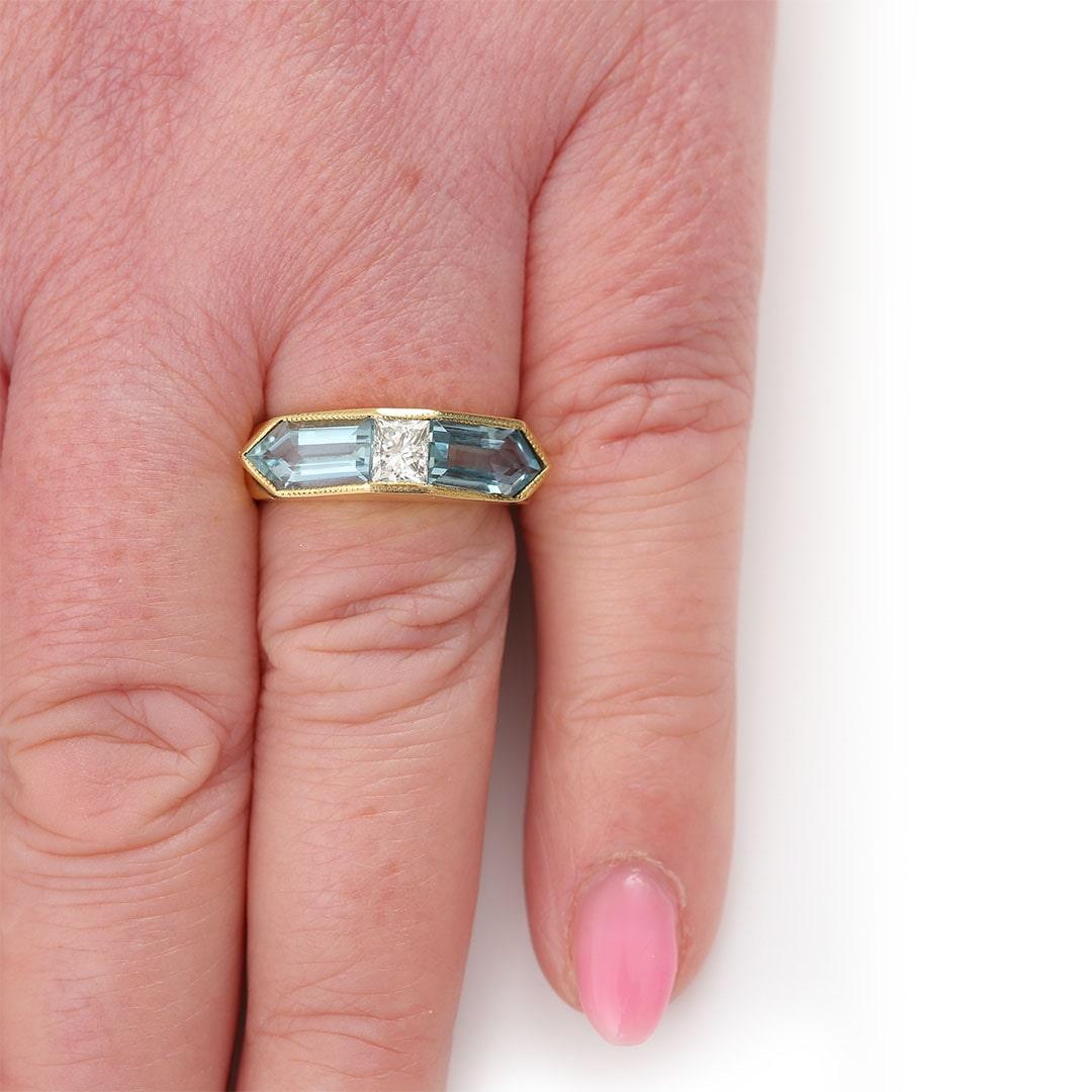 Vintage 18 Carat Gold Trapeze Cut Aquamarine and Radiant Cut Diamond ...