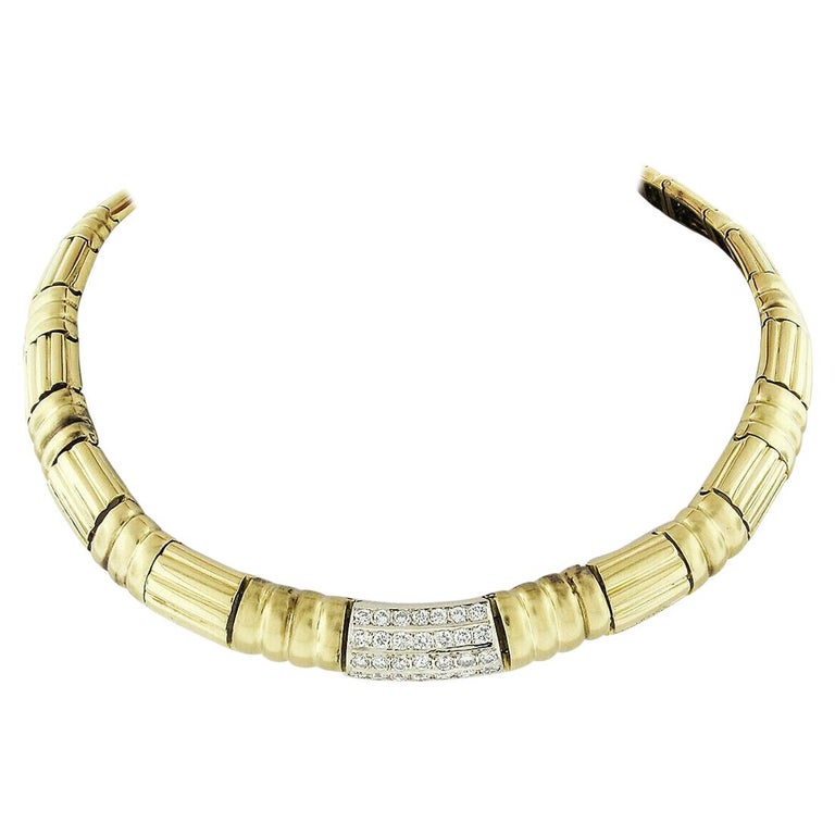 Vintage 18K Gold 2.20ct Brilliant Diamond Grooved Link Collar Statement ...