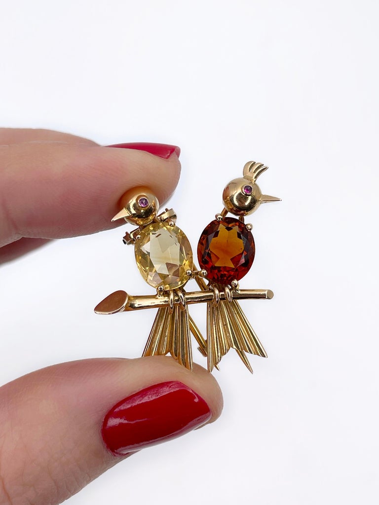 Vintage 18 Karat Gold Citrine Quartz Two Birds Sitting on a Branch Pin ...