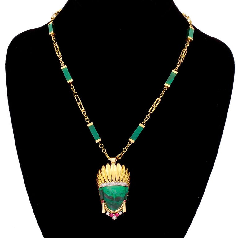 Vintage 18k Gold Diamond Ruby Malachite Indian Chief Clip Brooch 14k ...