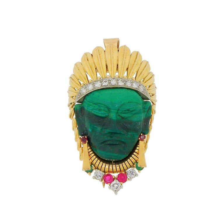 Vintage 18k Gold Diamond Ruby Malachite Indian Chief Clip Brooch 14k ...