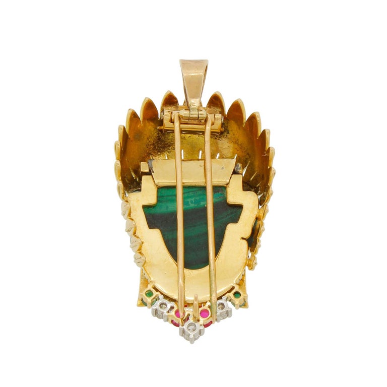 Vintage 18k Gold Diamond Ruby Malachite Indian Chief Clip Brooch 14k ...