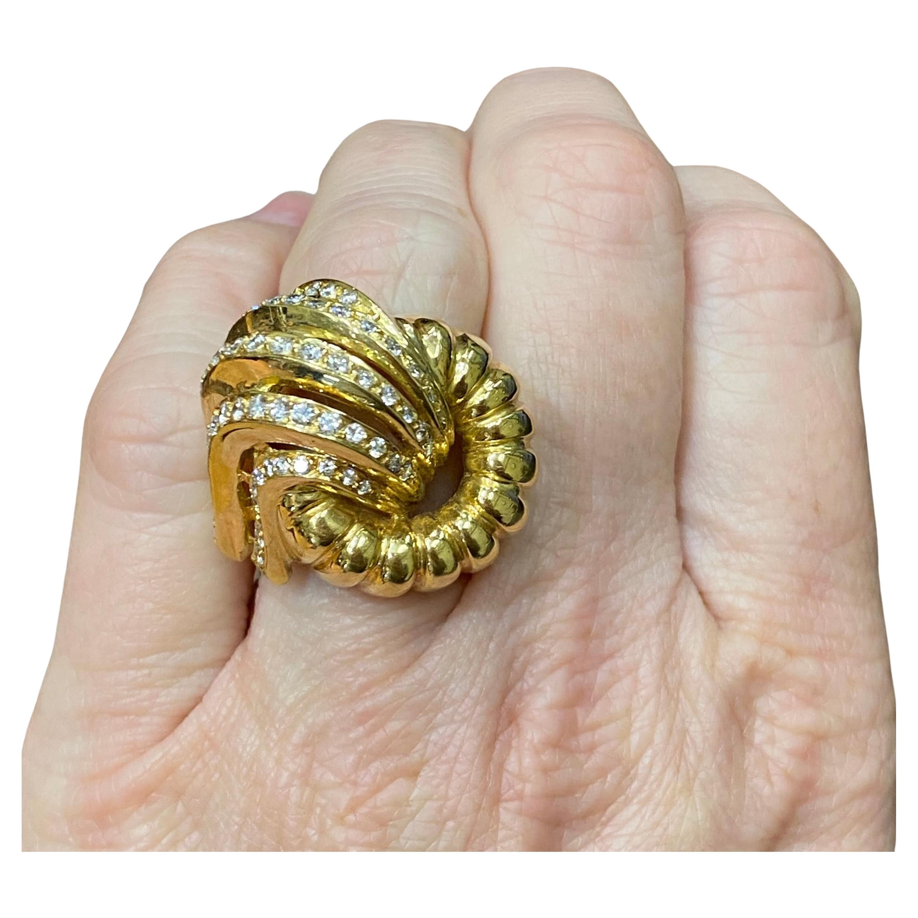 Vintage 18K Gold Large Waterfall Diamond Cocktail Ring For Sale at 1stDibs