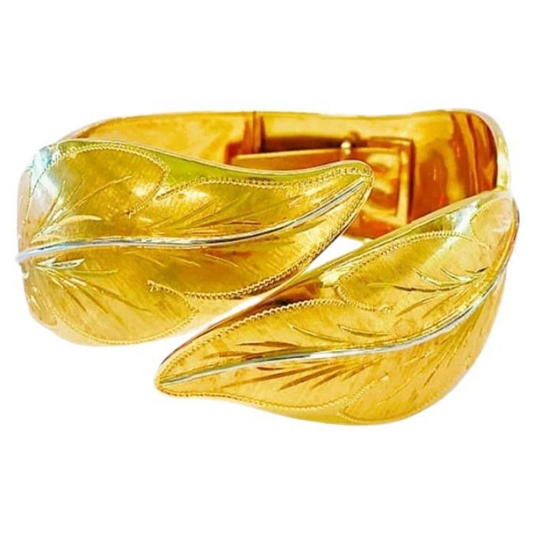 Vintage 18k Gold Leaf Bangle Bracelet For Sale at 1stDibs