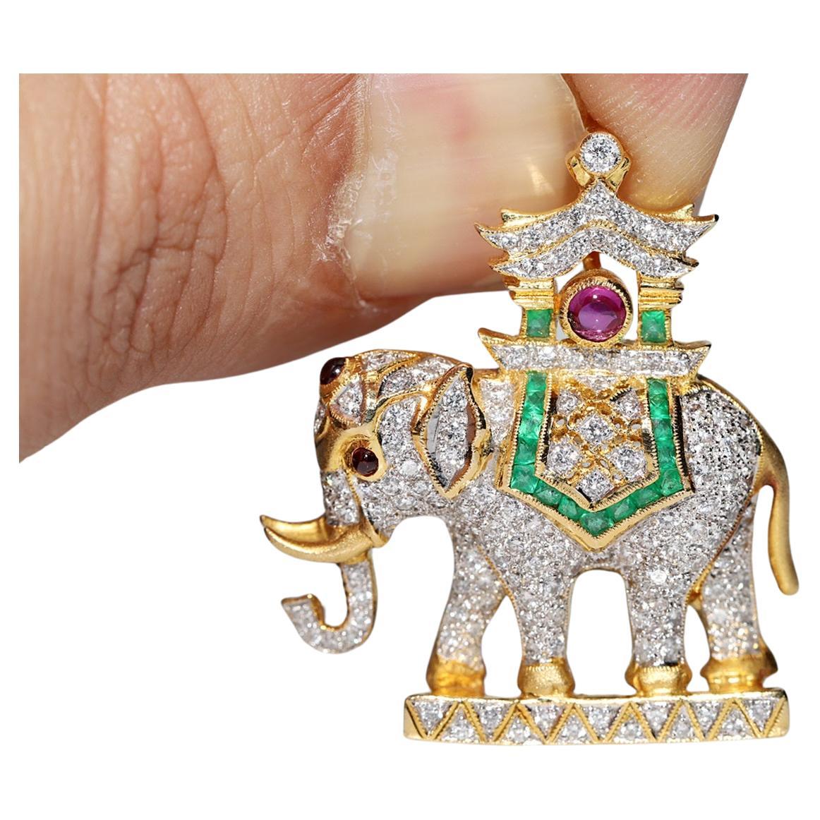 Vintage 18k Gold Natural Diamond And Emerald And Ruby Elephant Pendant ...