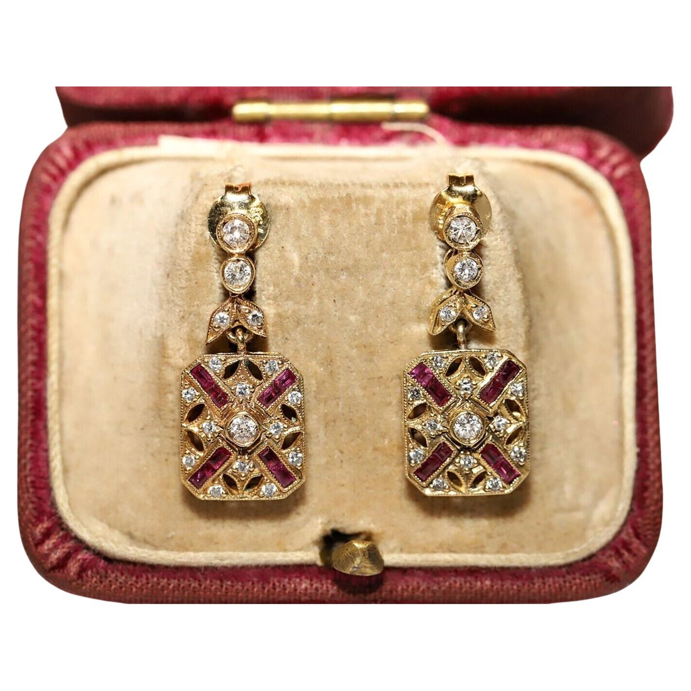 Vintage 18K Gold Natural Diamond And Ruby Decorated Drop Earring For ...