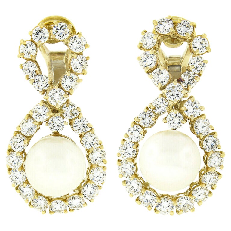 Vintage 18K Gold Pearl 9.5ctw Round Diamond Infinity Figure 8 Drop ...