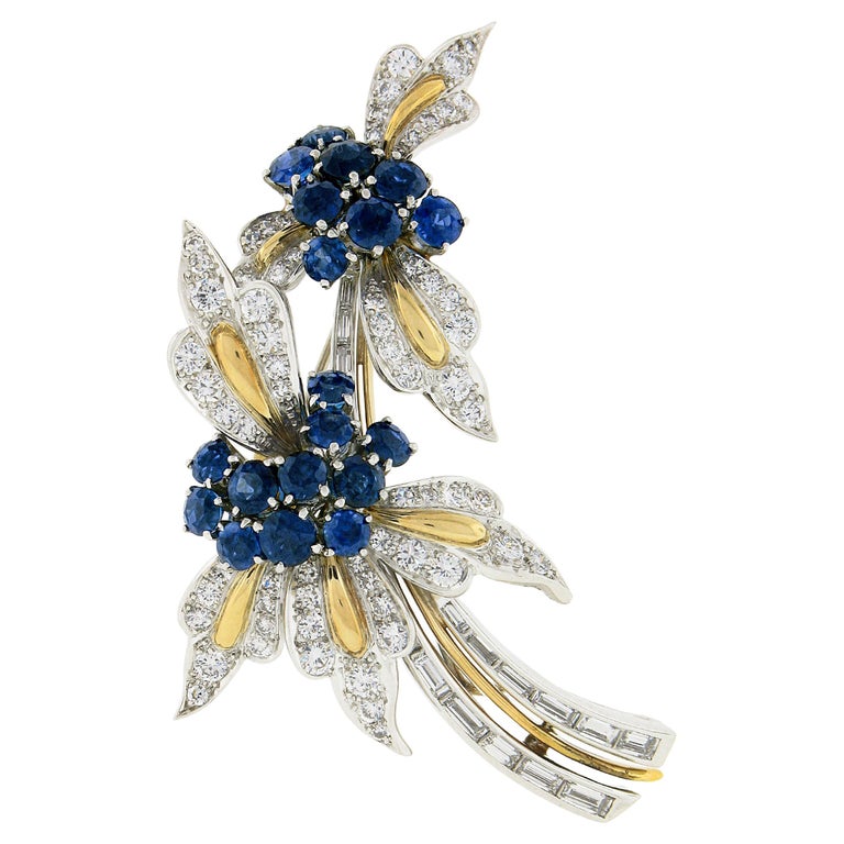 Vintage 18k Gold and Platinum 6ctw GIA Sapphire and Diamond Flower ...
