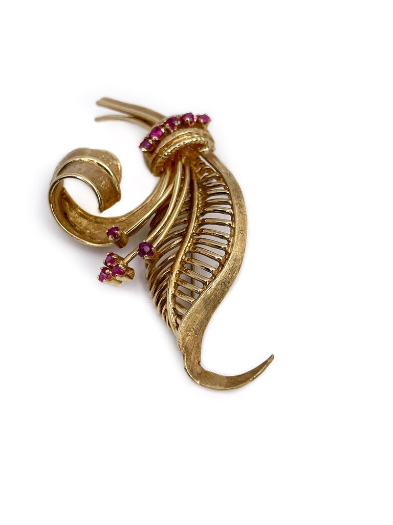 Vintage 18 Karat Gold Ruby Floral Design Leaf Pin Brooch at 1stDibs