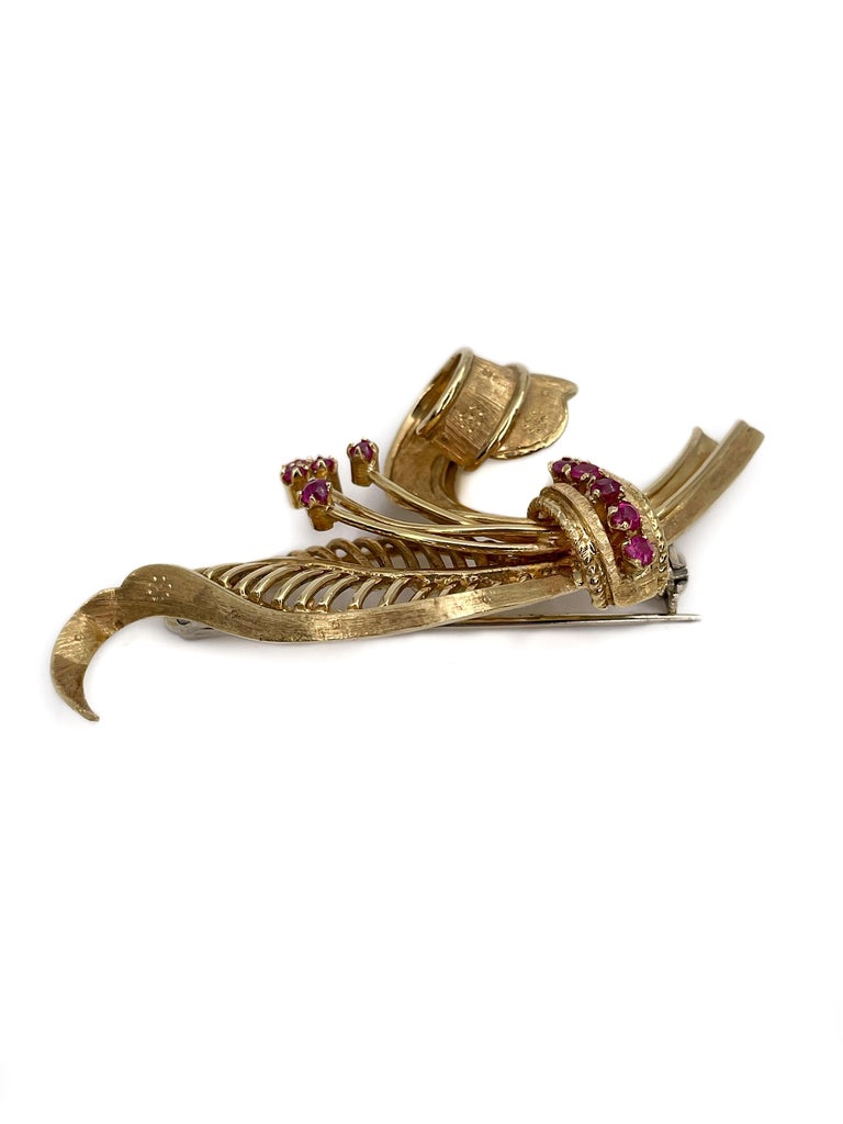 Vintage 18 Karat Gold Ruby Floral Design Leaf Pin Brooch at 1stDibs