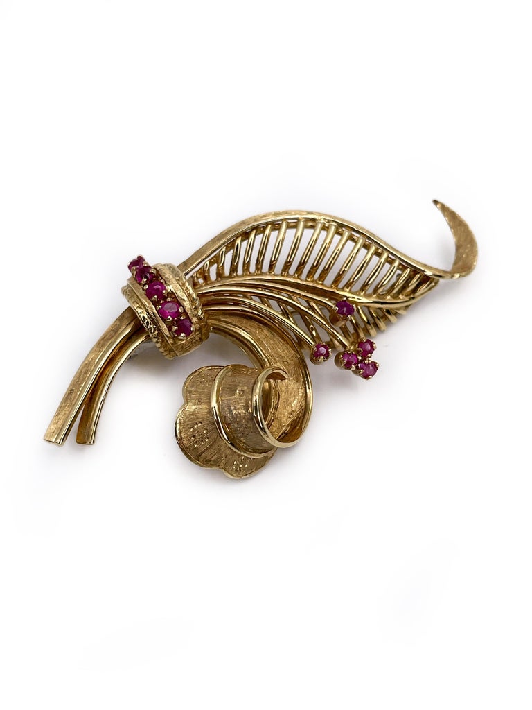 Vintage 18 Karat Gold Ruby Floral Design Leaf Pin Brooch at 1stDibs