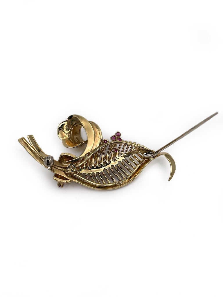 Vintage 18 Karat Gold Ruby Floral Design Leaf Pin Brooch at 1stDibs