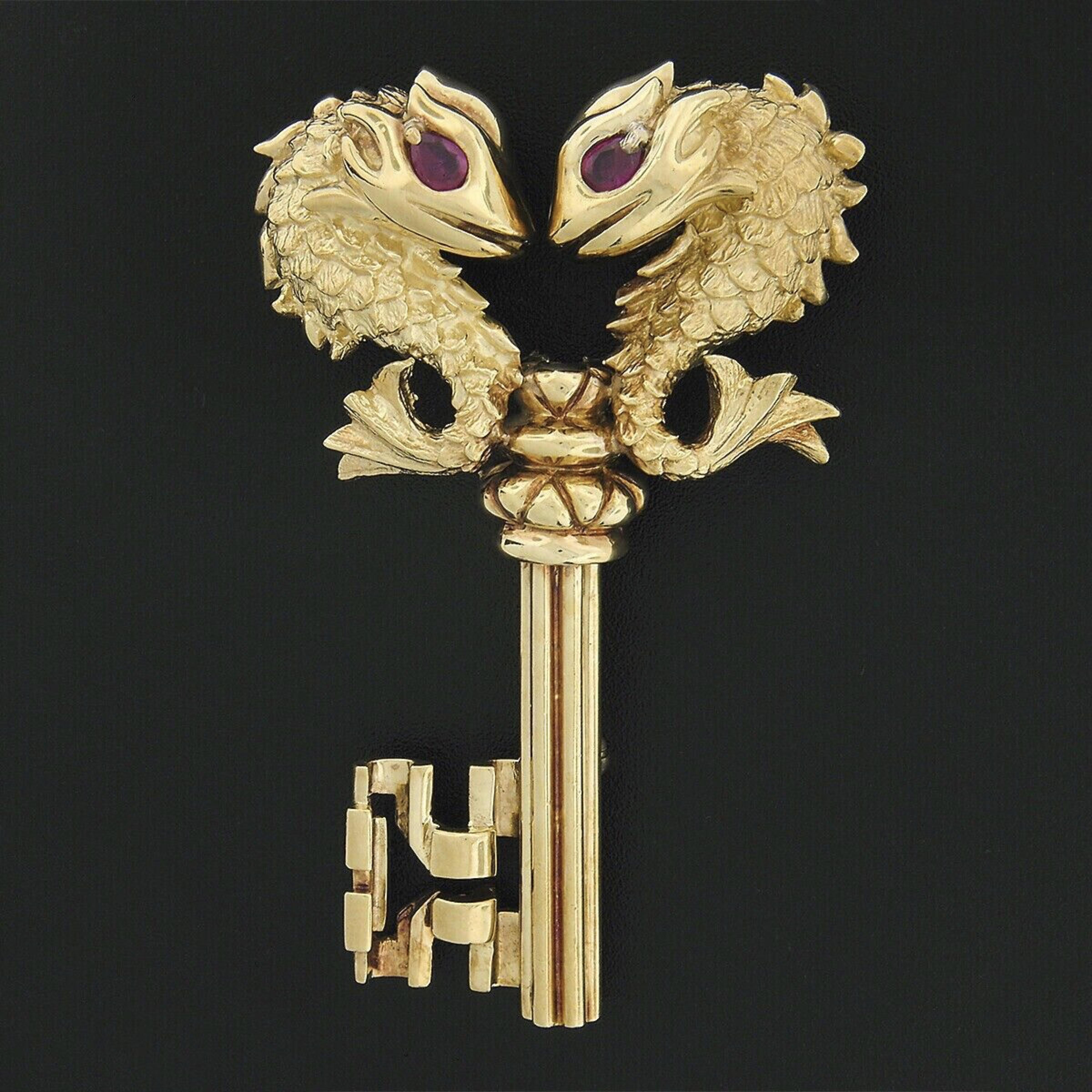 Vintage 18K Gold Ruby Large Detailed Key w/ 2 Fish Serpent Brooch Pin ...