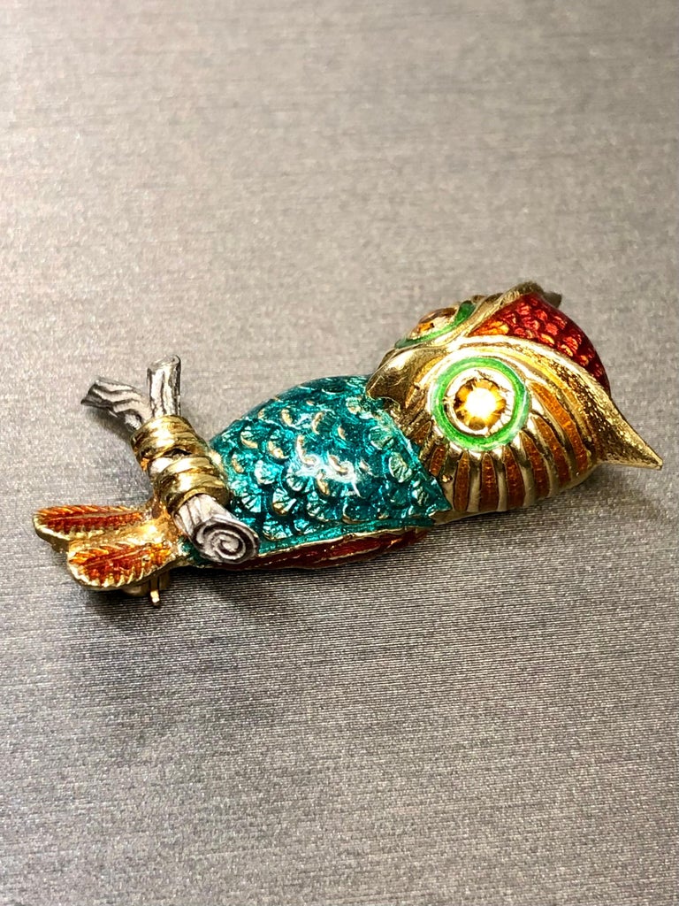 Vintage 18k Hammerman Bros Enamel Owl Brooch Pin French Hallmarks For ...