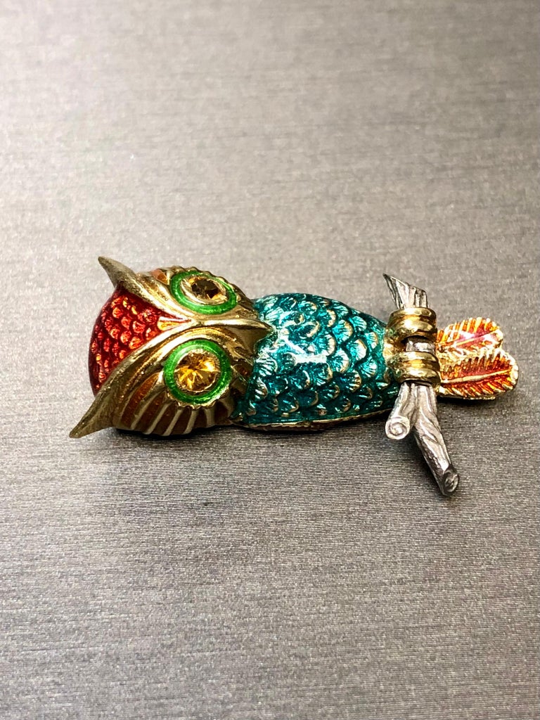 Vintage 18k Hammerman Bros Enamel Owl Brooch Pin French Hallmarks For ...