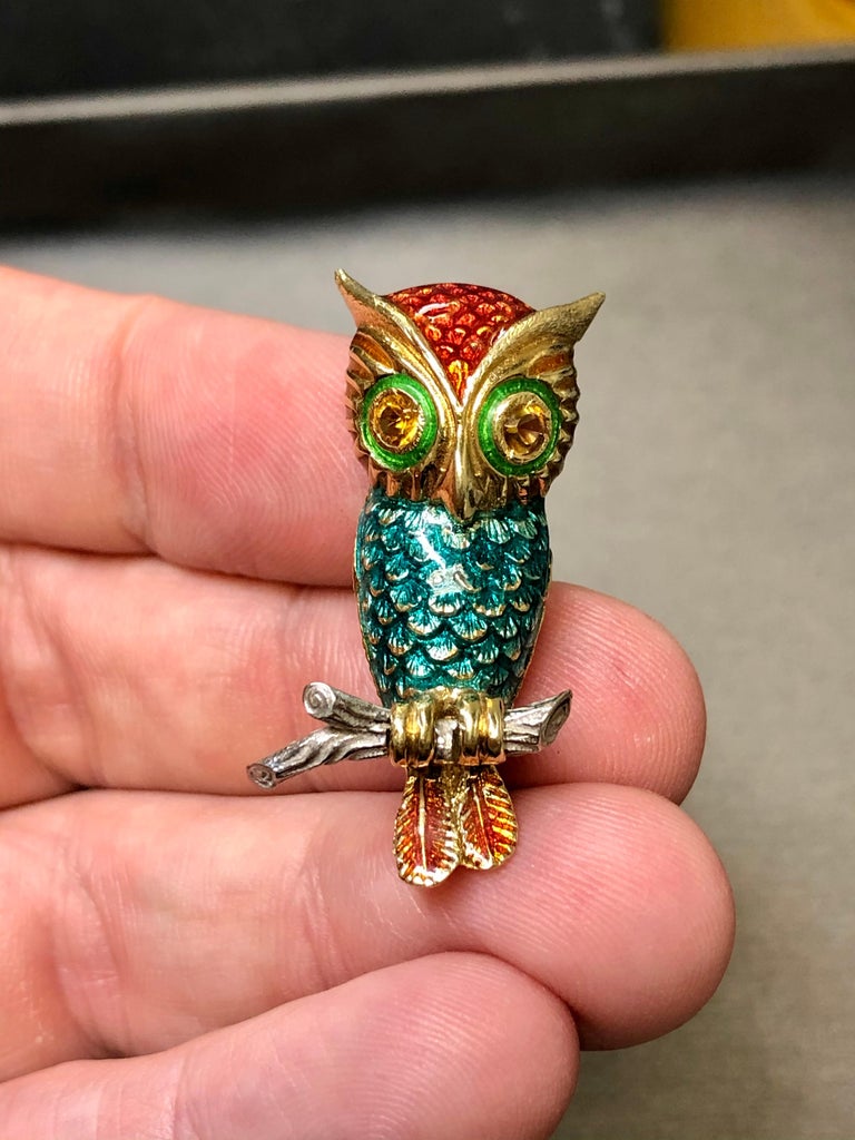 Vintage 18k Hammerman Bros Enamel Owl Brooch Pin French Hallmarks For ...