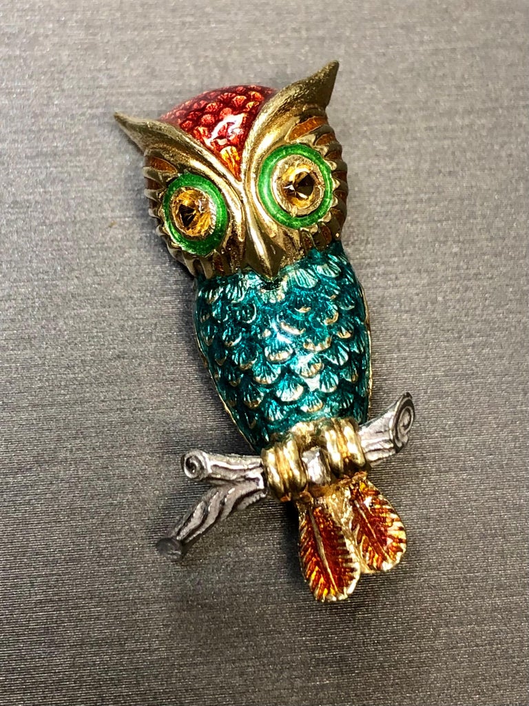 Vintage 18k Hammerman Bros Enamel Owl Brooch Pin French Hallmarks For ...