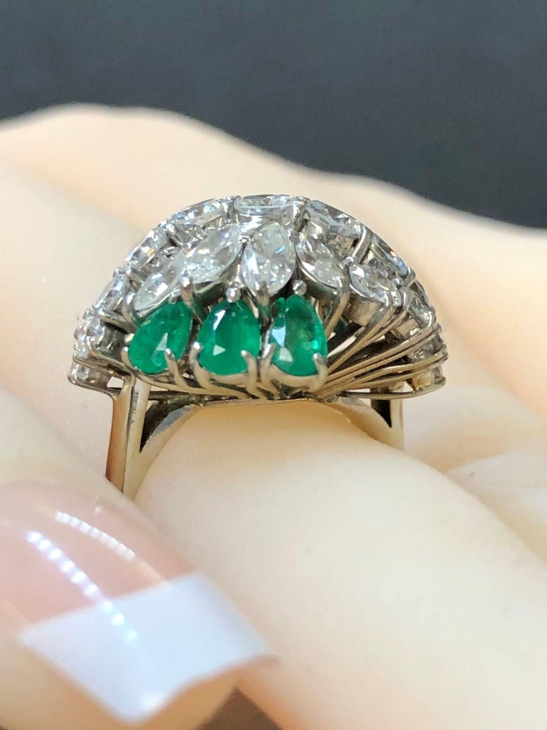 Vintage 18K Marquise Diamond Emerald Spray Ring For Sale at 1stDibs