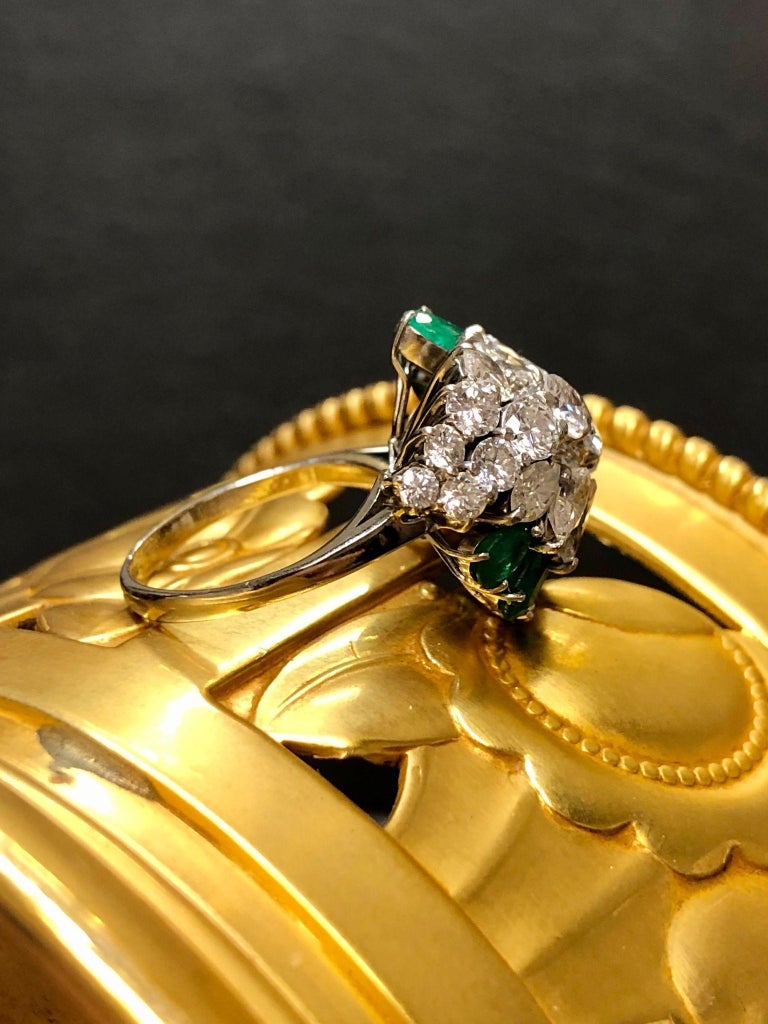 Vintage 18K Marquise Diamond Emerald Spray Ring For Sale at 1stDibs