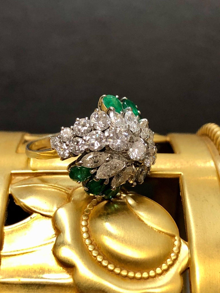 Vintage 18K Marquise Diamond Emerald Spray Ring For Sale at 1stDibs