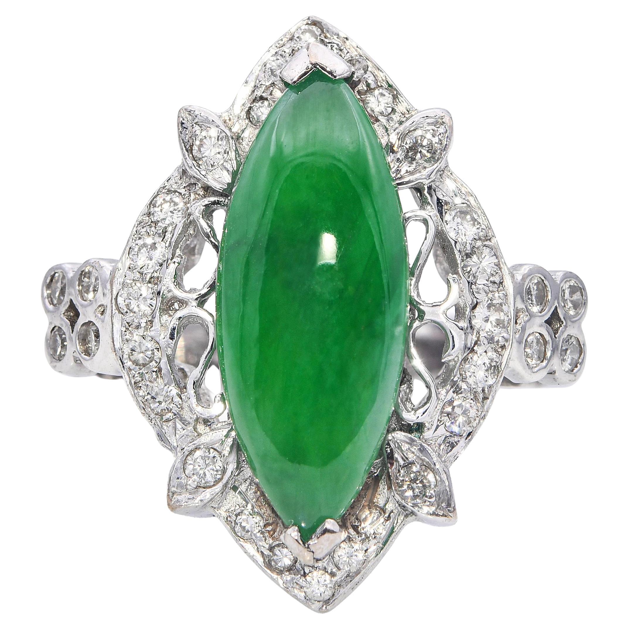 Vintage 18k White Gold 4.90ct GIA Type A Green Jadeite and Diamond Ring ...