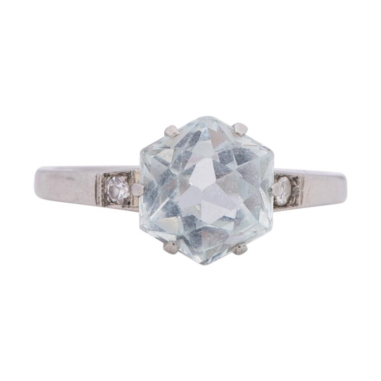 Vintage 18K White Gold Antique Hexagonal Cut Solitaire Aquamarine ...
