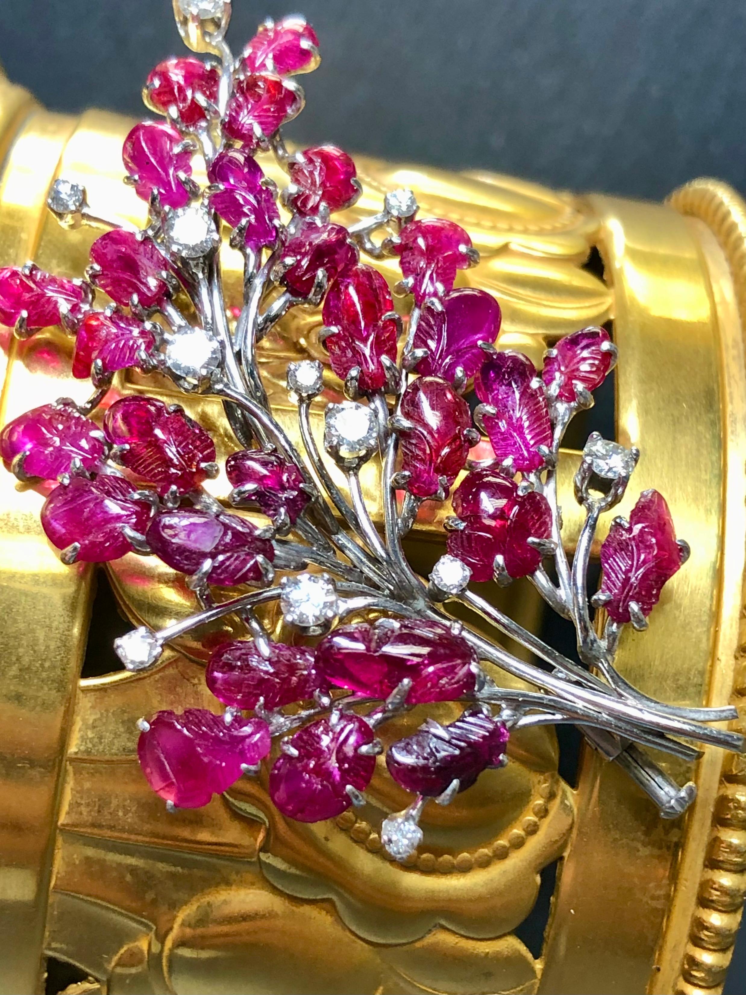 Vintage 18K White Gold Carved Ruby Leaf Diamond Brooch Pin 14.20cttw G ...