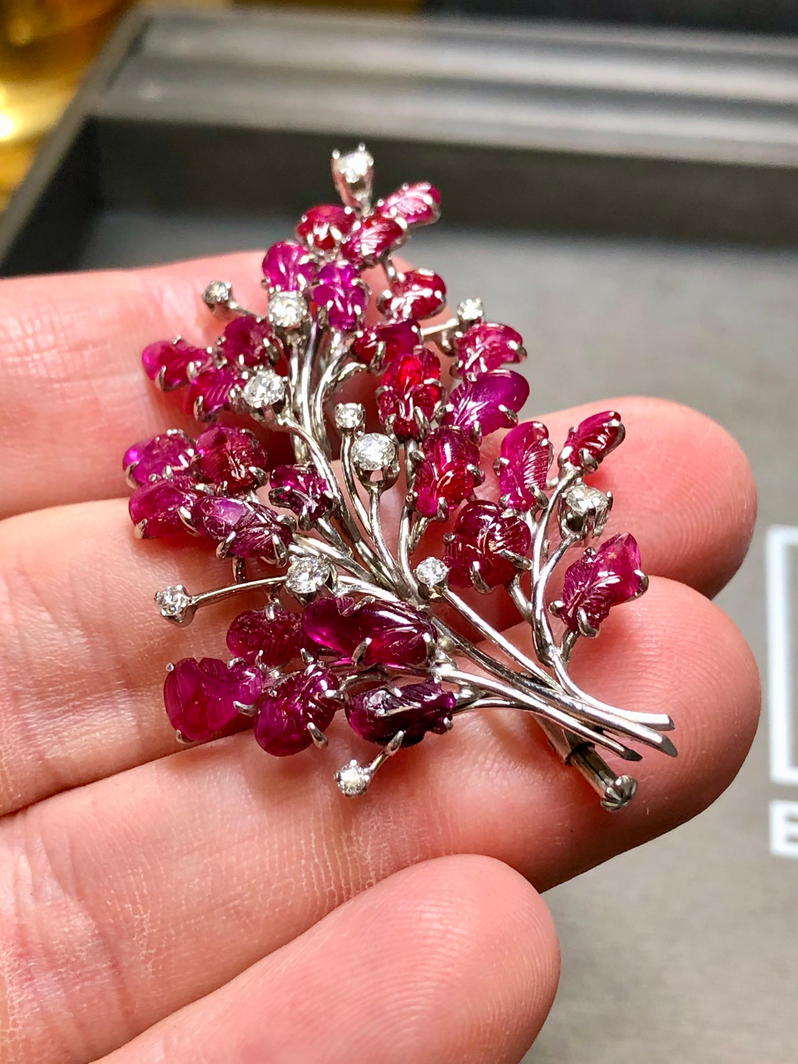 Vintage 18K White Gold Carved Ruby Leaf Diamond Brooch Pin 14.20cttw G ...