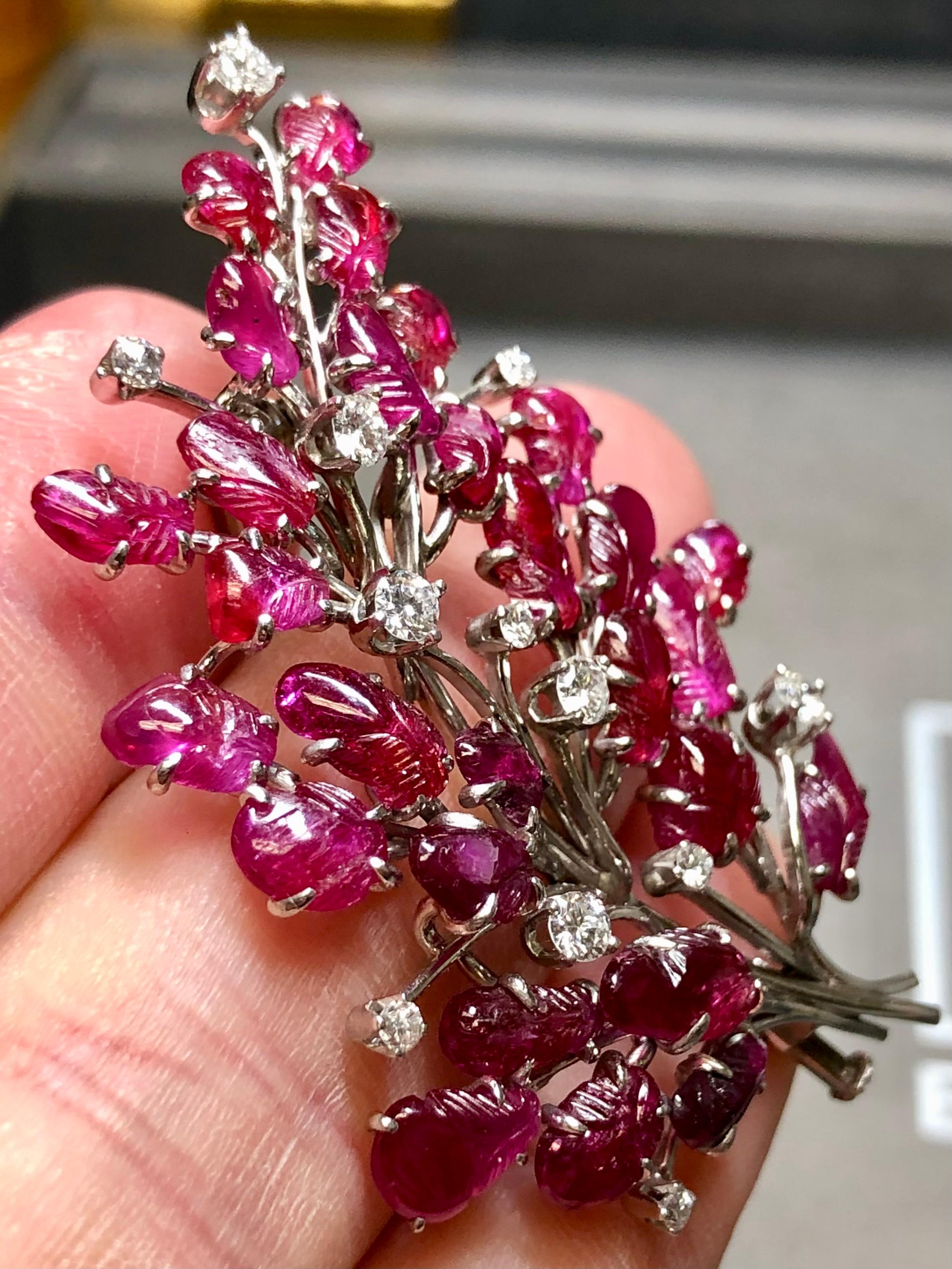 Vintage 18K White Gold Carved Ruby Leaf Diamond Brooch Pin 14.20cttw G ...