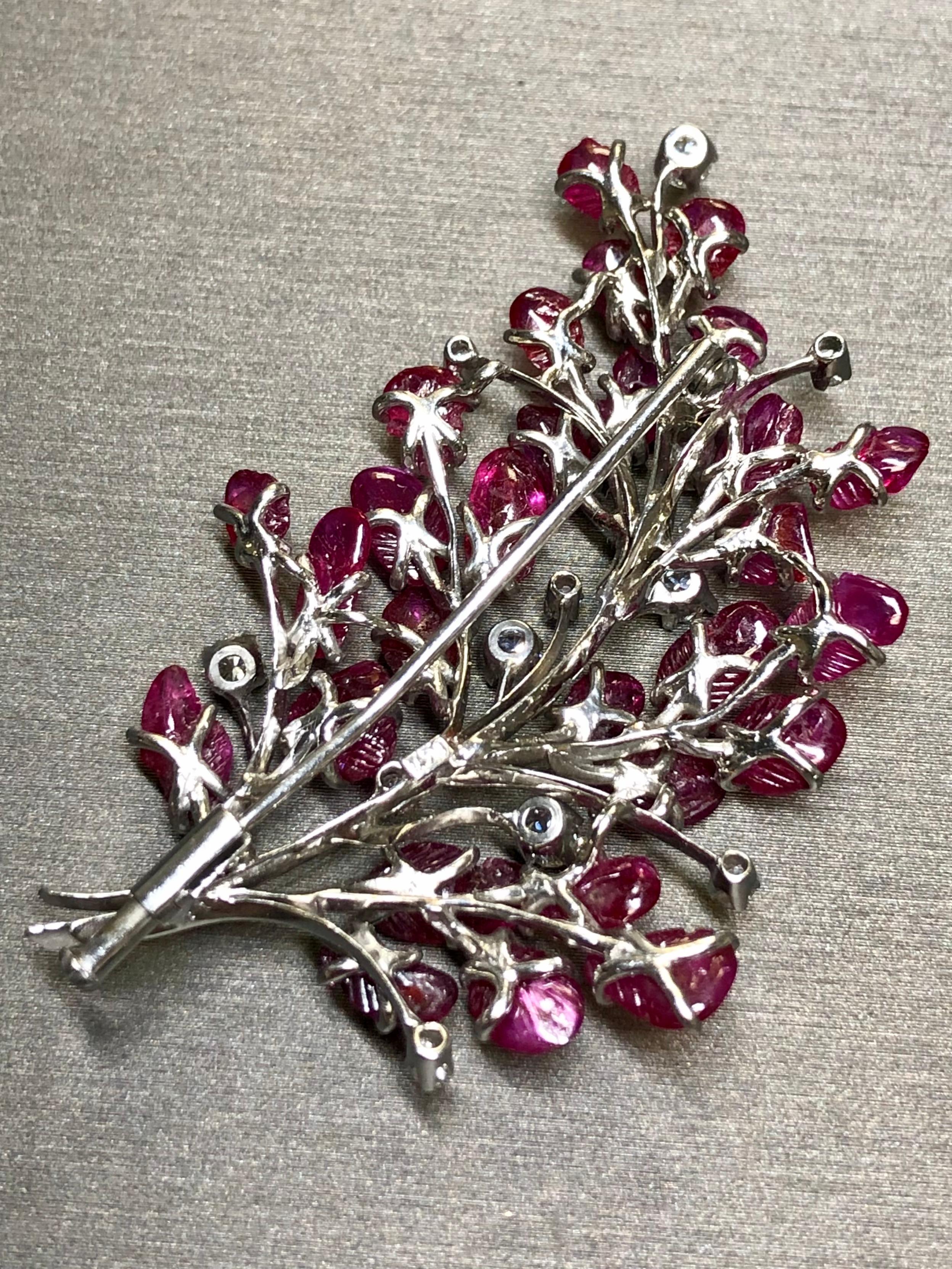 Vintage 18K White Gold Carved Ruby Leaf Diamond Brooch Pin 14.20cttw G ...
