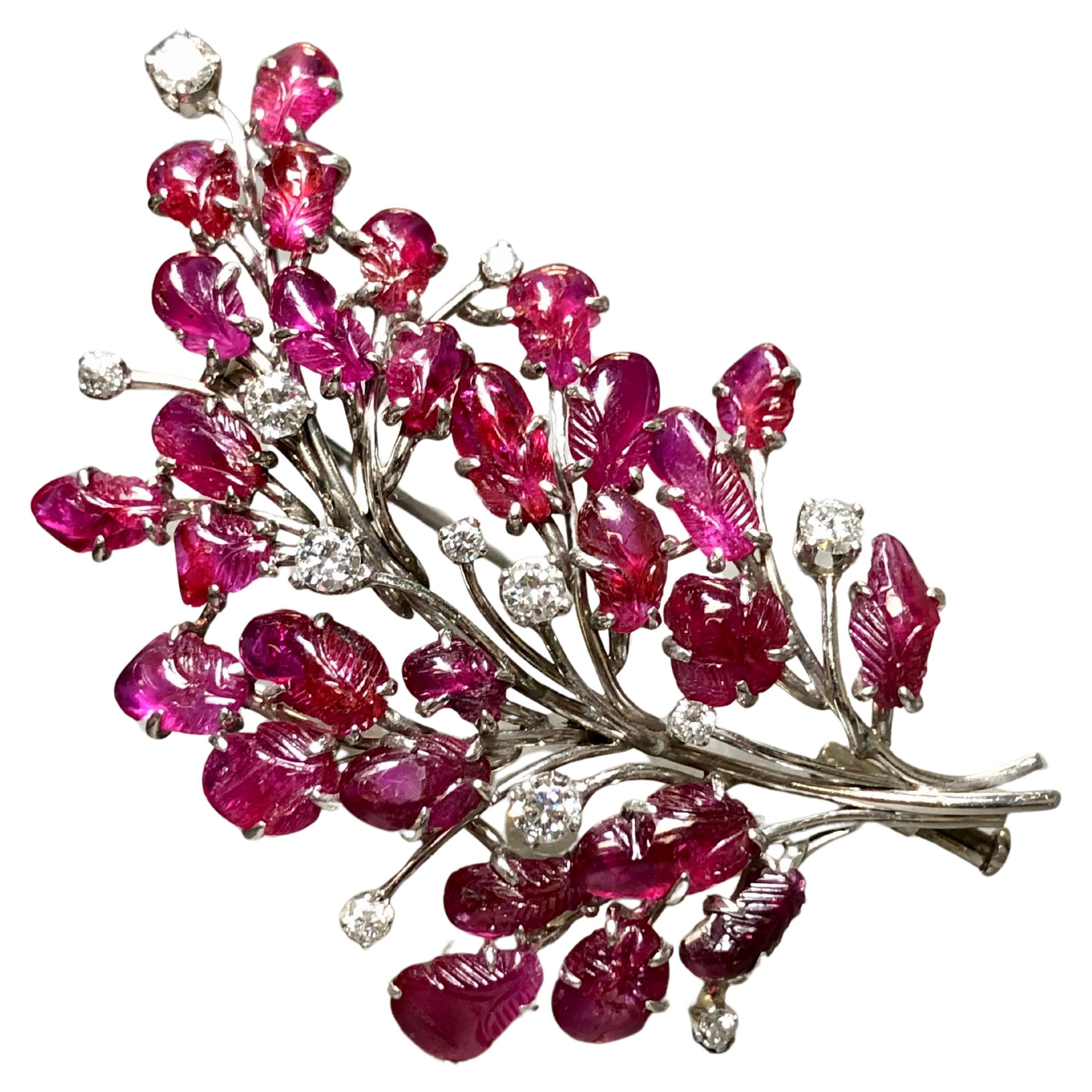 Vintage 18K White Gold Carved Ruby Leaf Diamond Brooch Pin 14.20cttw G ...