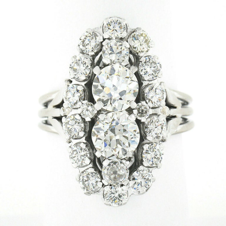 Vintage 18k White Gold European Cut Diamond Elongated Oval Ring w ...