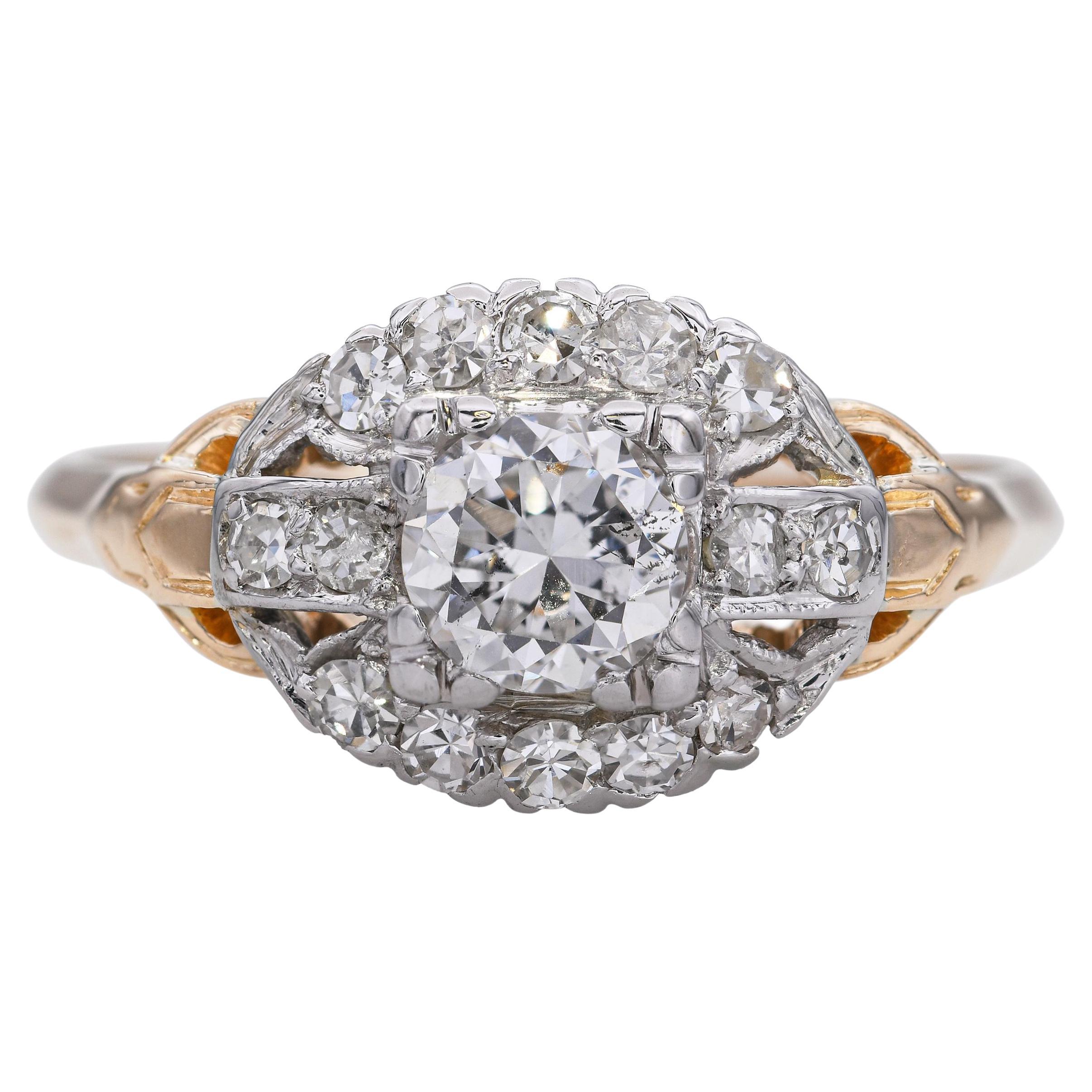 Retro European Diamond 18K Yellow Gold Platinum Vintage Fishtail ...