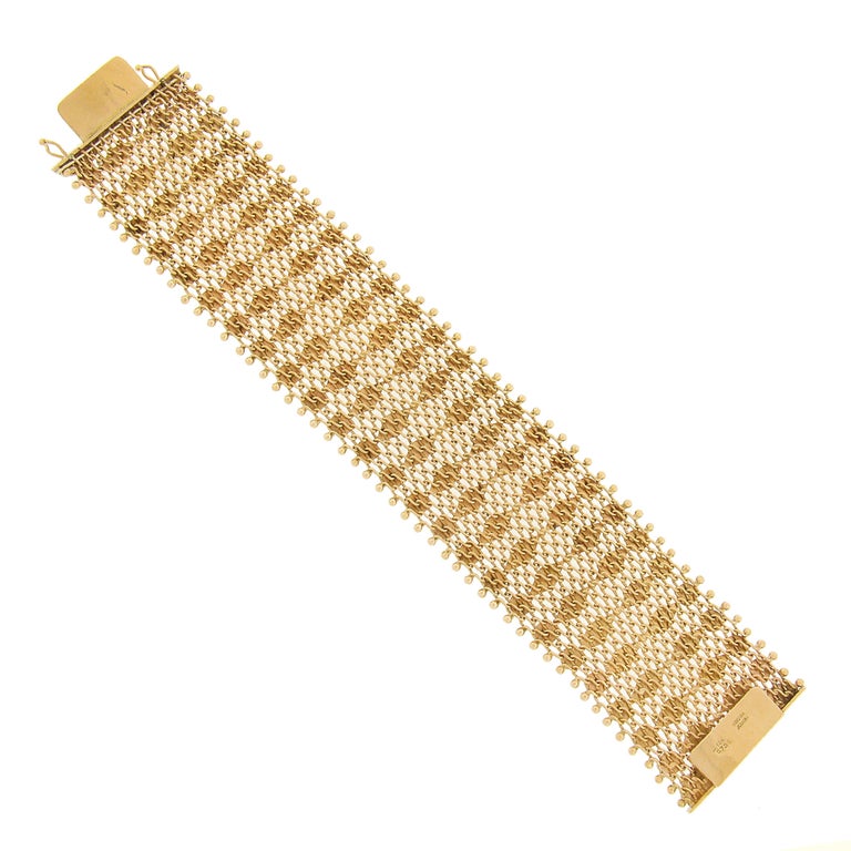 Vintage 18k Yellow Gold Decorated Mesh Link Statement Strap Bracelet ...