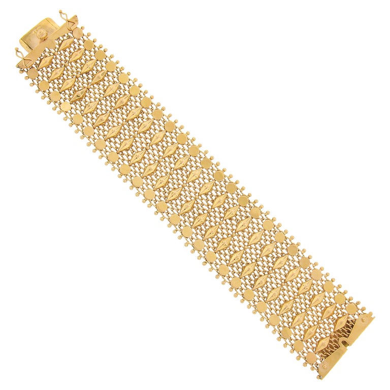 Vintage 18k Yellow Gold Decorated Mesh Link Statement Strap Bracelet ...