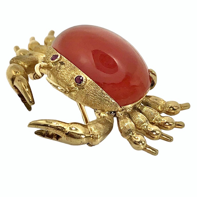 Vintage 18K Yellow Gold and Carnelian Italian Crab Brooch For Sale at ...