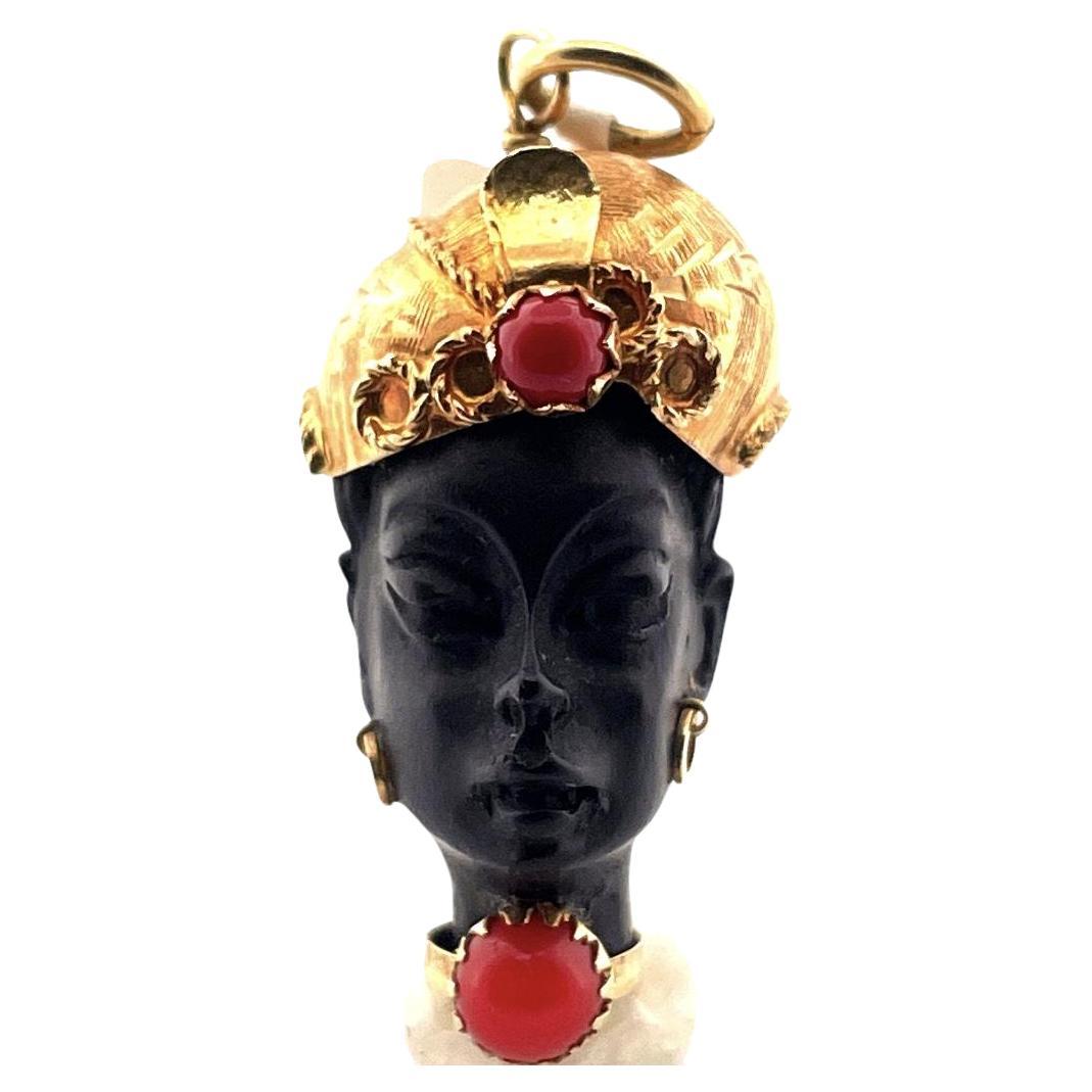 Vintage 18K Yellow Gold CORLETTO Pendant with Black Amoor and Red Coral ...