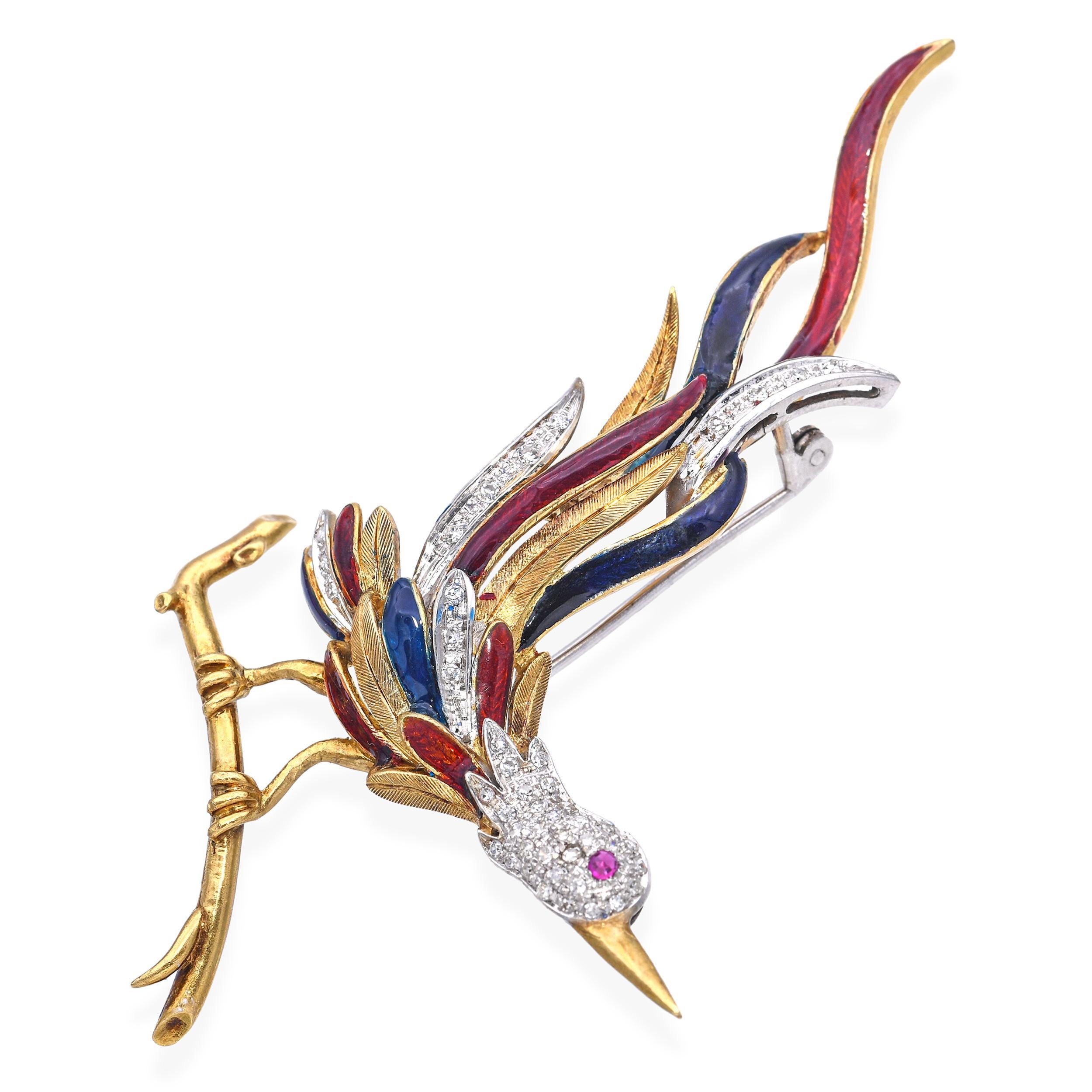 Vintage 18k Yellow Gold Diamond and Enamel Bird Brooch For Sale at 1stDibs