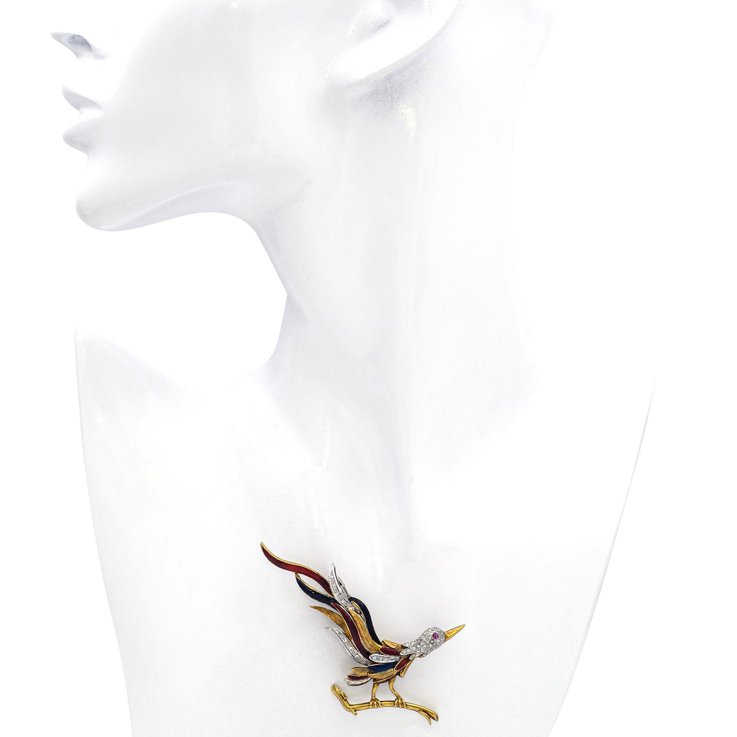 Vintage 18k Yellow Gold Diamond and Enamel Bird Brooch For Sale at 1stDibs