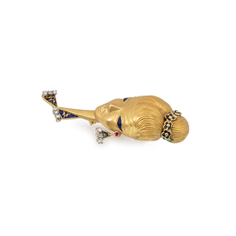 Vintage 18k Yellow Gold Diamond Blue Enamel Face Pin Brooch For Sale at ...