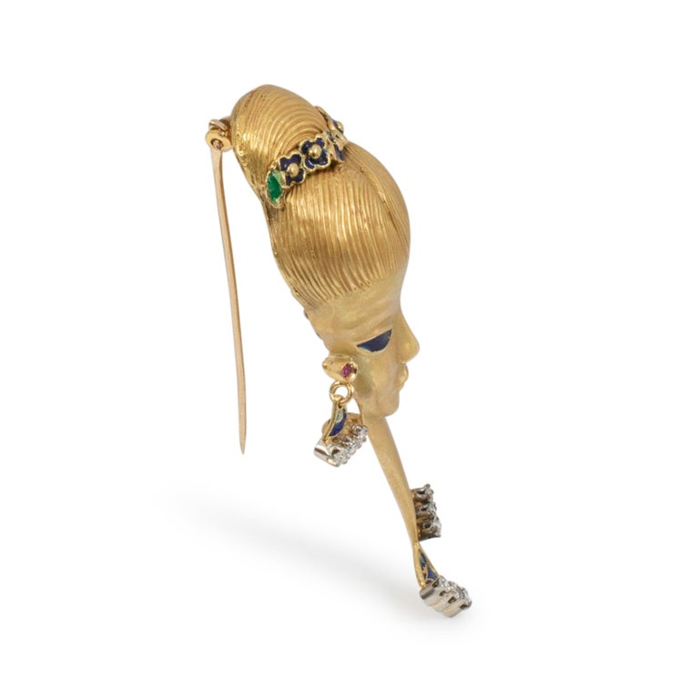 Vintage 18k Yellow Gold Diamond Blue Enamel Face Pin Brooch For Sale at ...