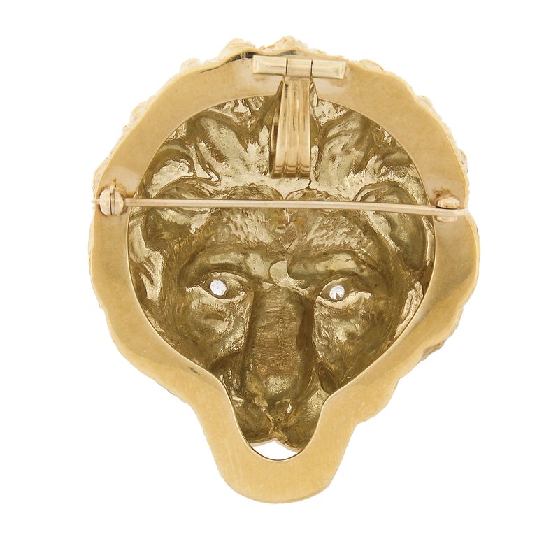 Vintage 18k Yellow Gold Diamond Large Detailed 3D Lion Head Brooch Pin ...