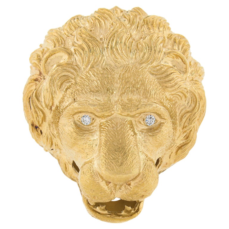 Vintage 18k Yellow Gold Diamond Large Detailed 3D Lion Head Brooch Pin ...