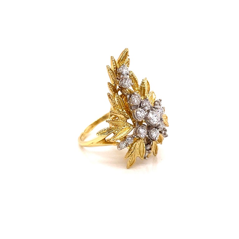 Vintage 18K Yellow Gold Diamond Leaf Ring 1.00ct For Sale at 1stDibs