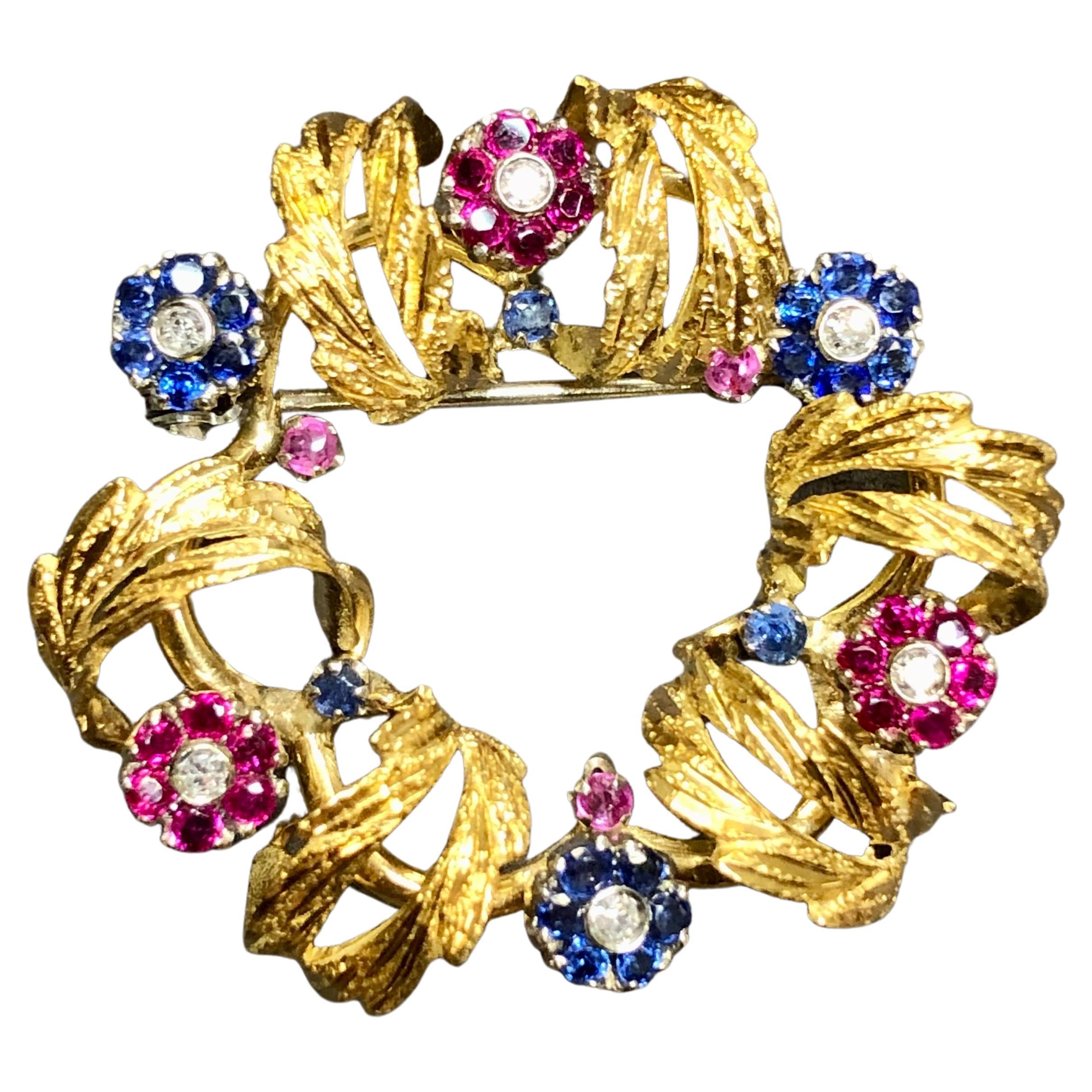 Vintage 18K Ruby Yellow Blue Sapphire Flower Brooch Pin 15.45cttw For ...