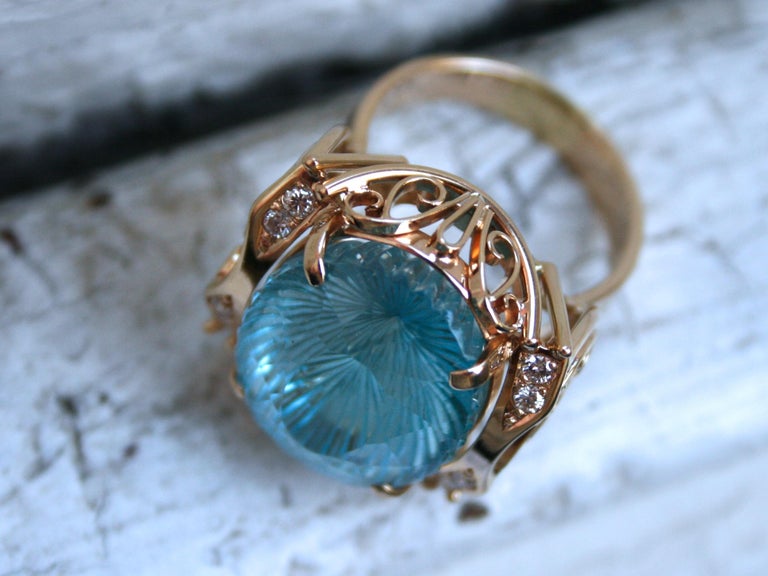 Vintage 18 Karat Yellow Gold Fantasy Cut Blue Topaz and Diamond Ring 22 ...