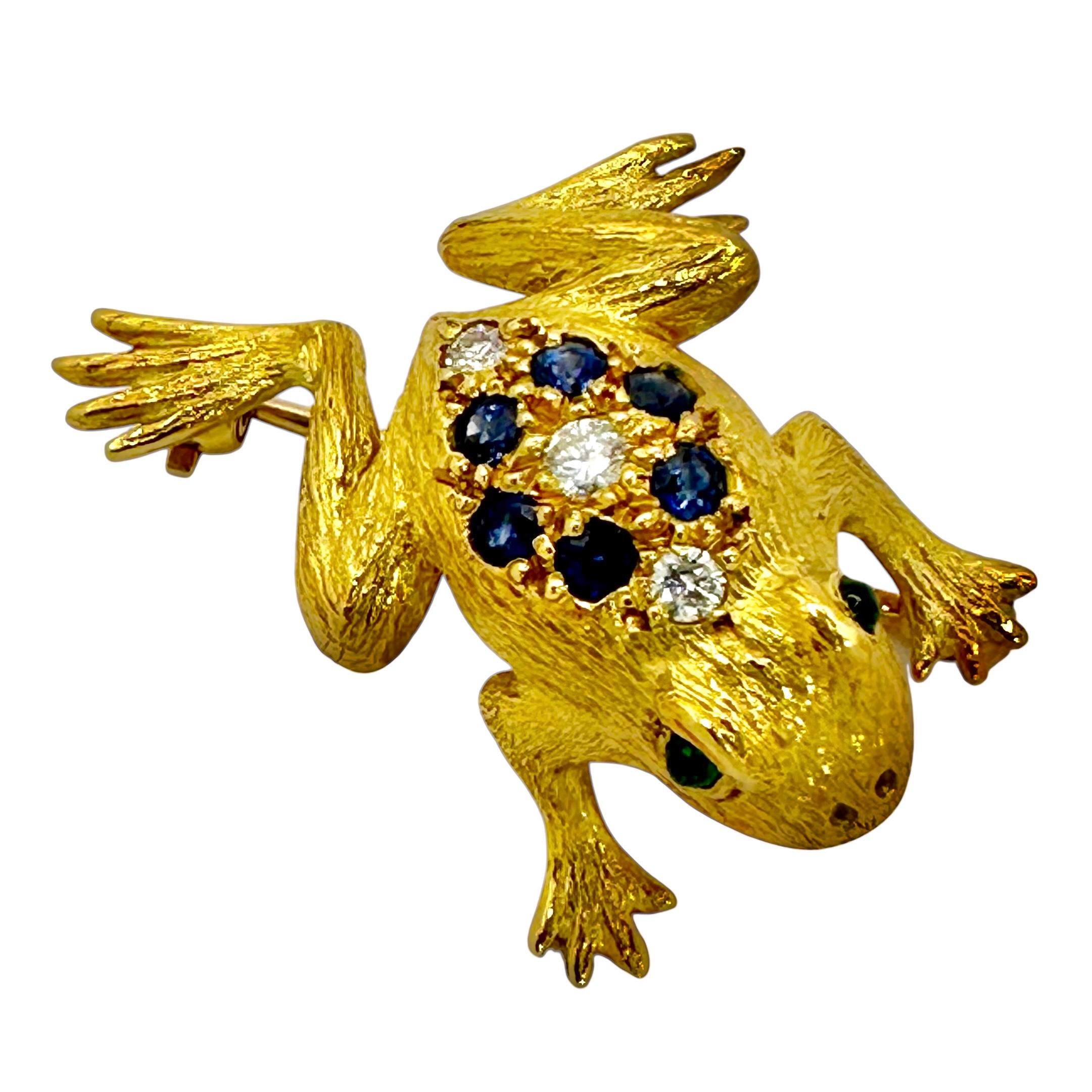 Vintage 18K Yellow Gold Frog Pin w/Diamonds, Sapphires and Emeralds by ...
