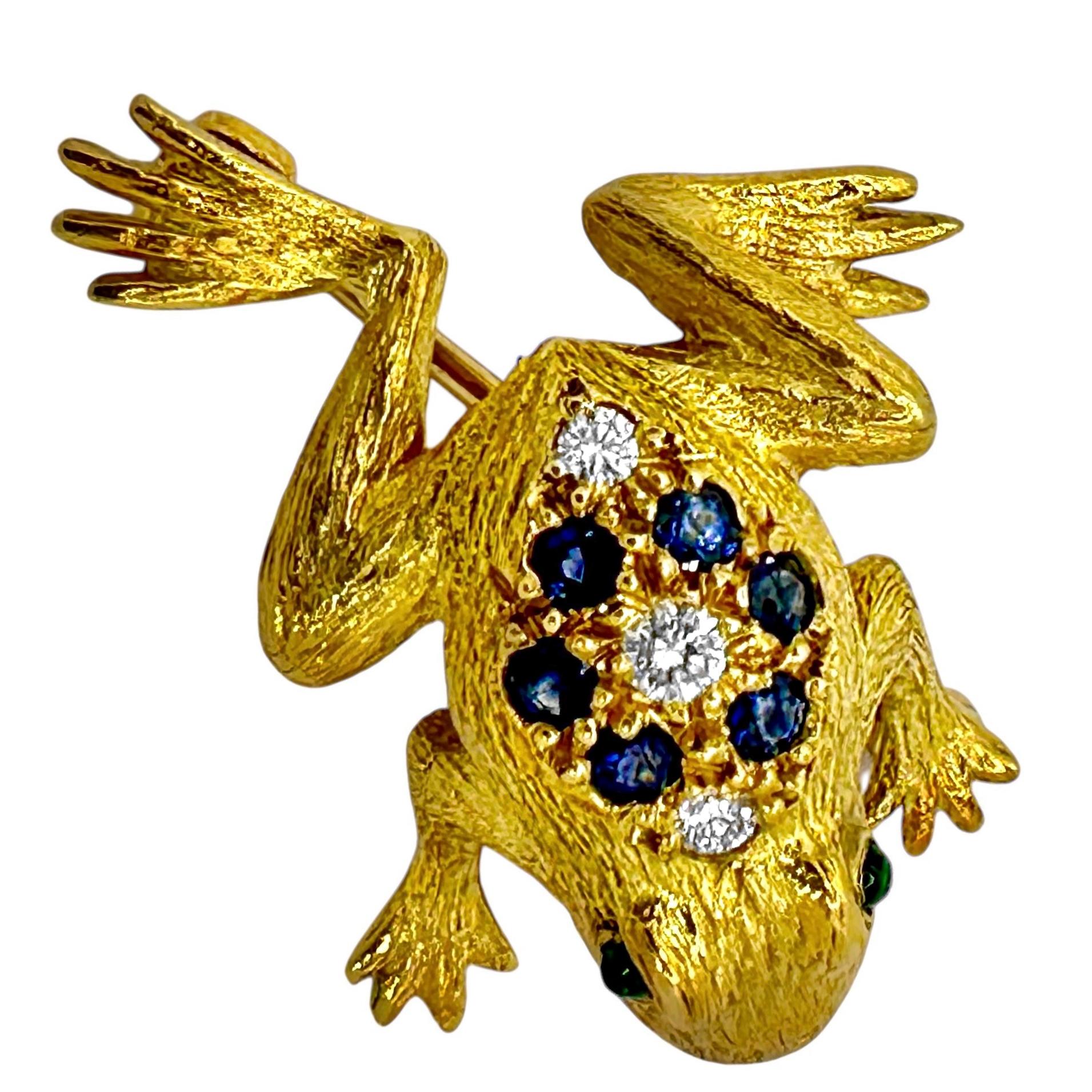 Vintage 18K Yellow Gold Frog Pin w/Diamonds, Sapphires and Emeralds by ...